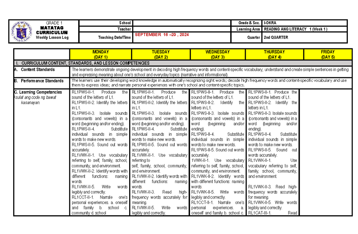 Q2 G1 READING & LITERACY WEEK 1 LESSON LOG - Studocu