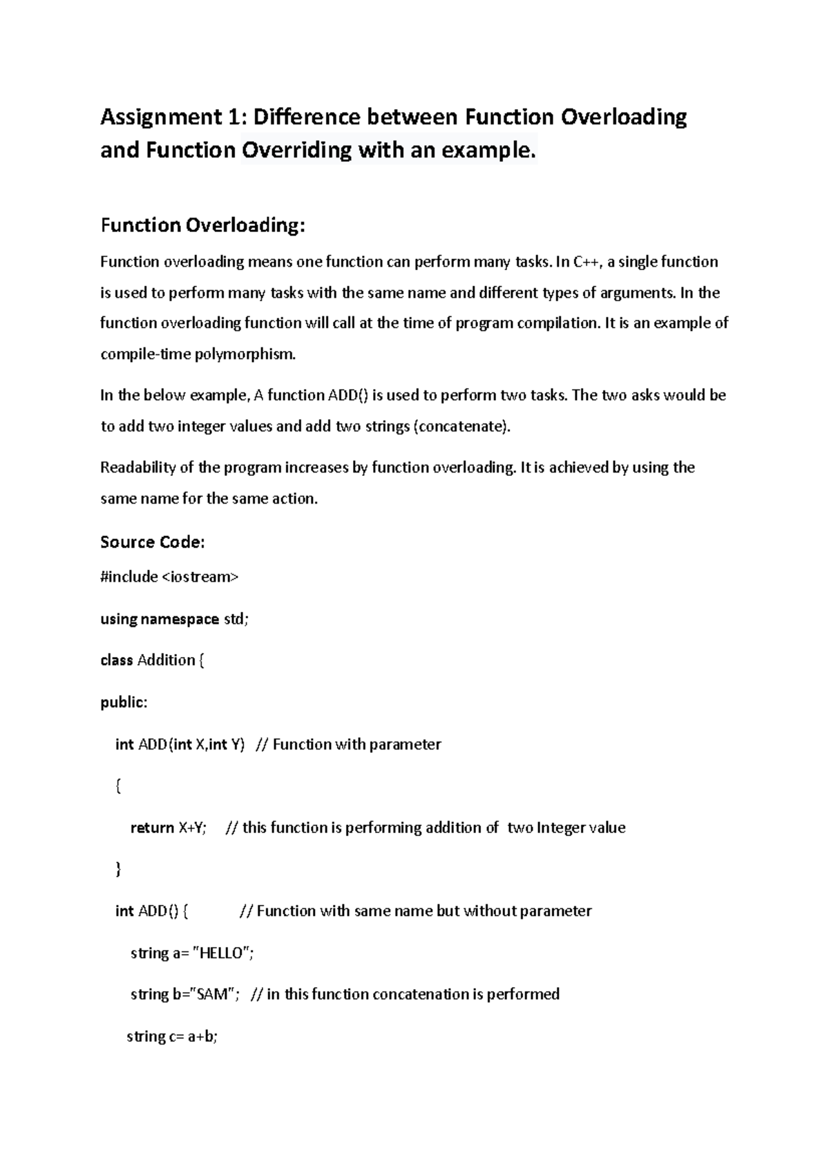 OOP Assignment - Assignment 1: Difference between Function Overloading ...