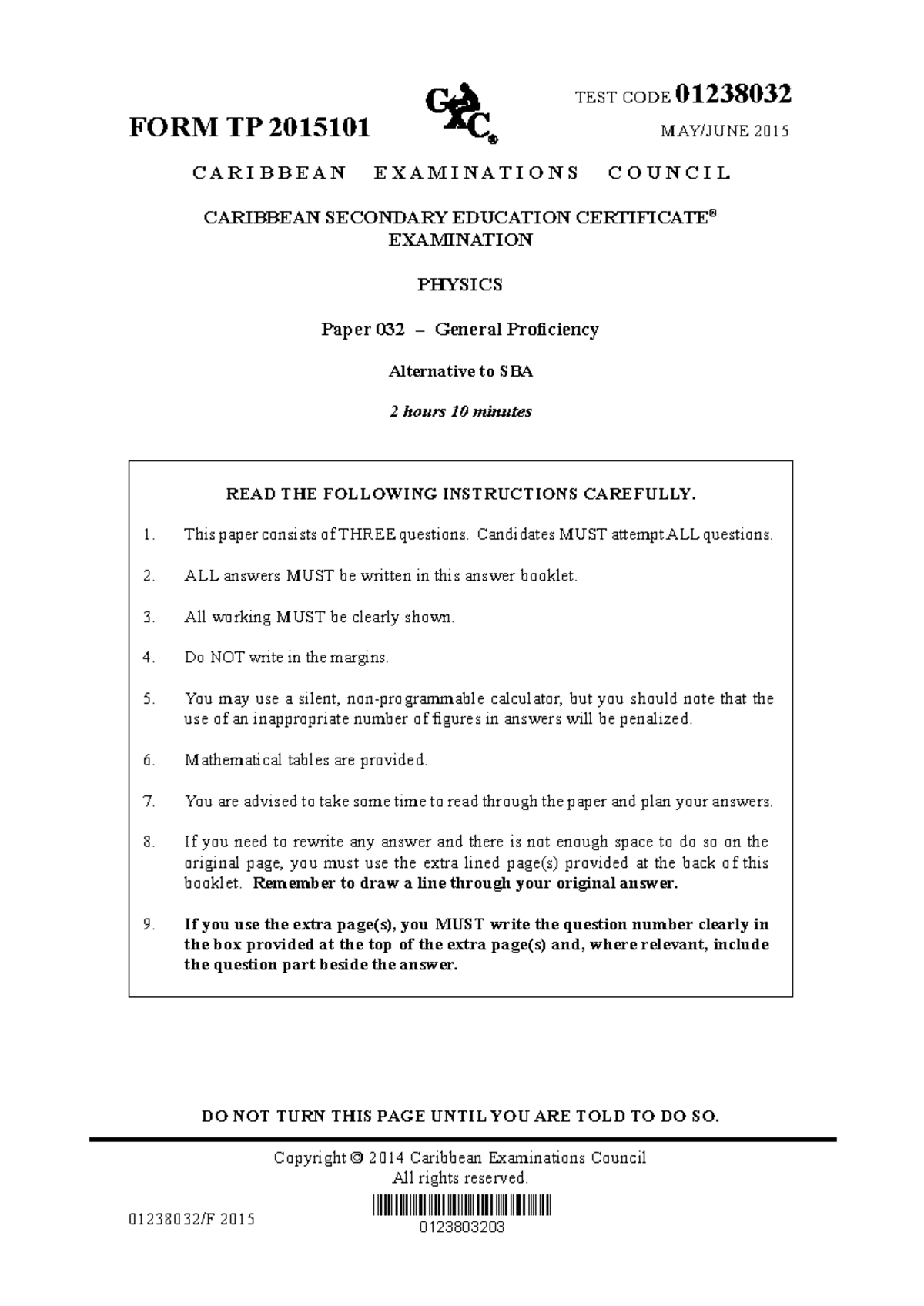 CSEC PHYSICS Paper 032 General Proficiency Exam 2015 - Studocu