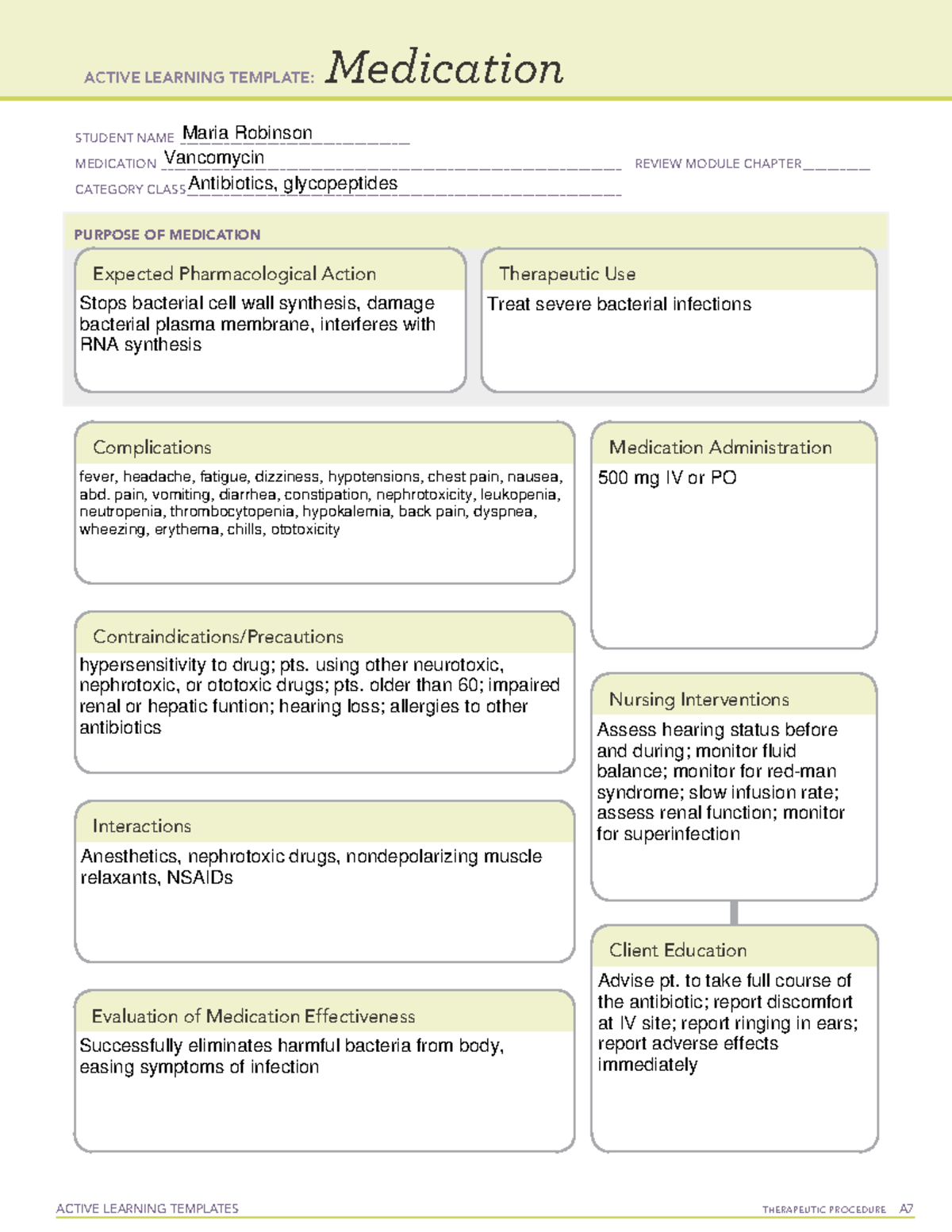 Vancomycin Medication Card - Active Learning Template Notes - Studocu