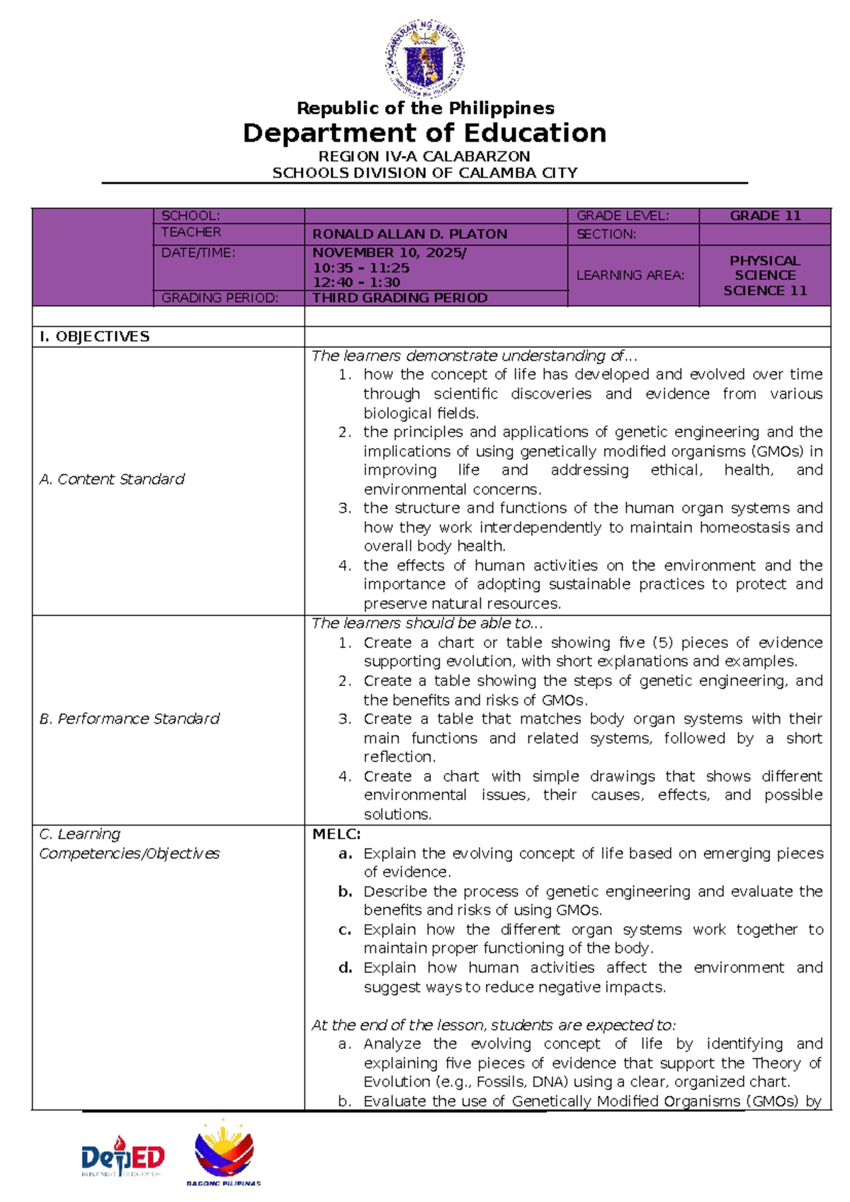 Grade 11 Physical Science: Third Grading Period Lesson Plan (SCI11 ...