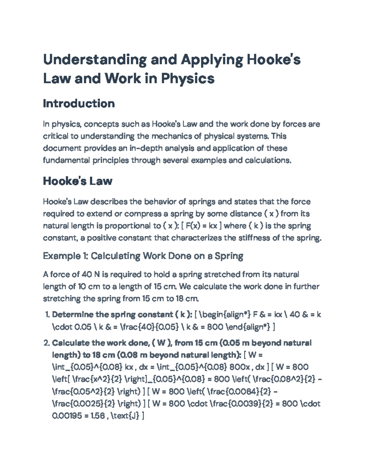 Understanding Hooke's Law and Work Calculations in Physics Concepts ...
