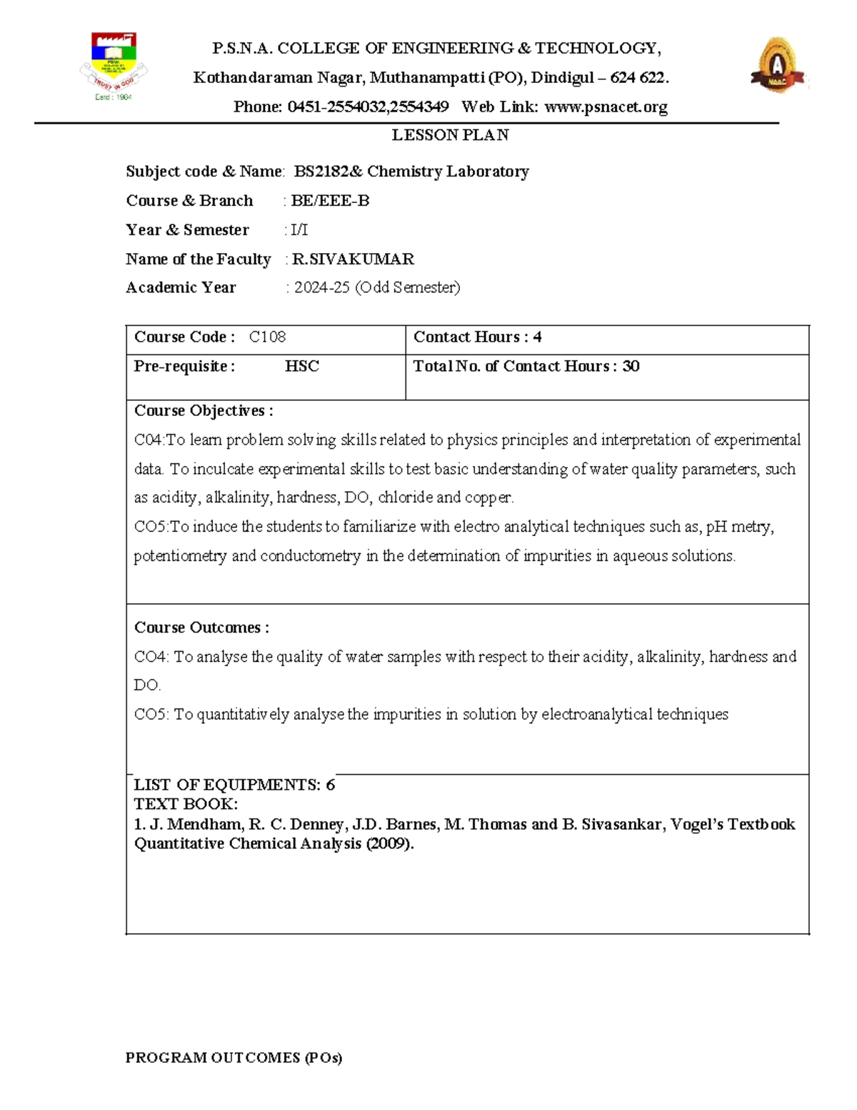C108 Chemistry Lab Lesson Plan - P.S.N.A. College of Engineering - Studocu