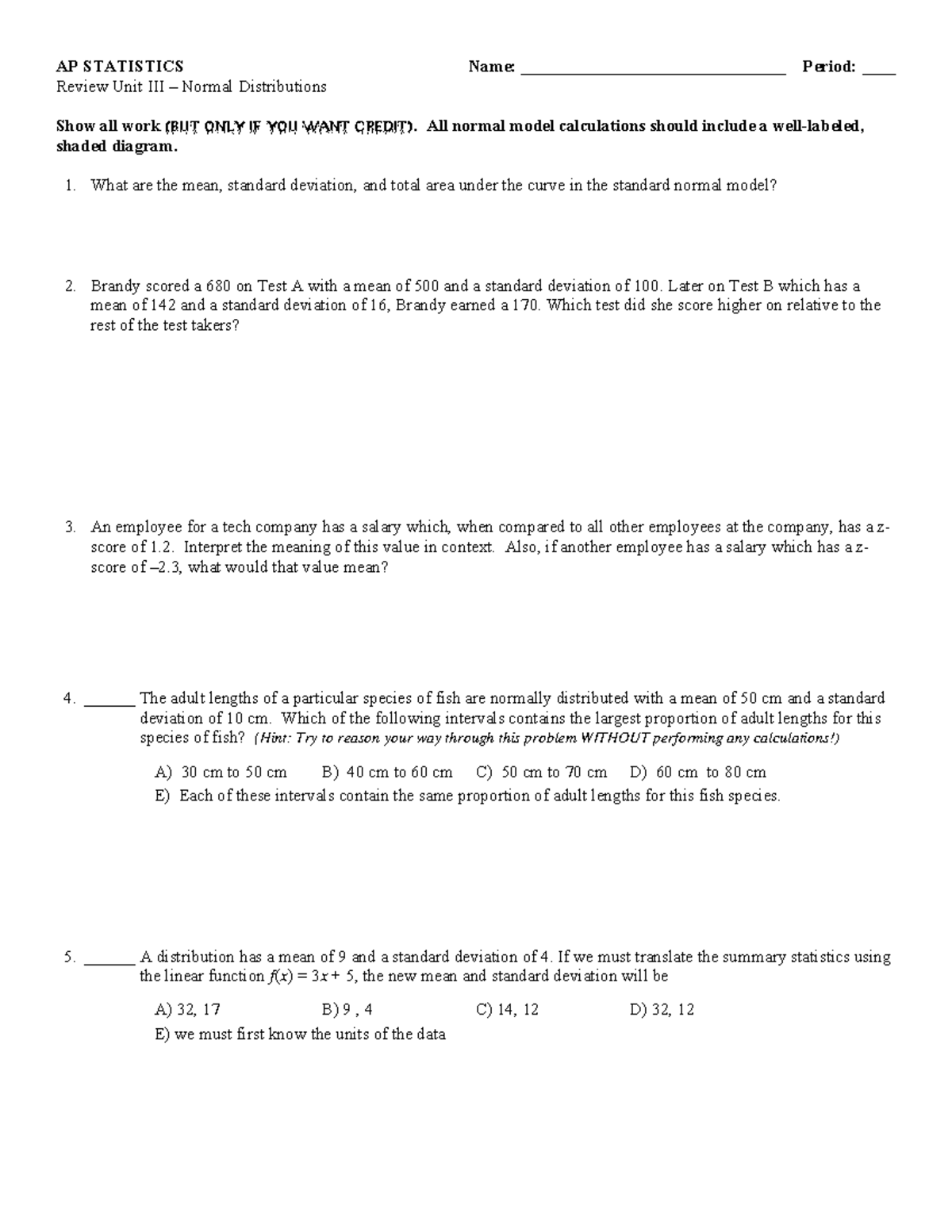 AP STATISTICS Review Unit III: Normal Distributions Guide - Studocu