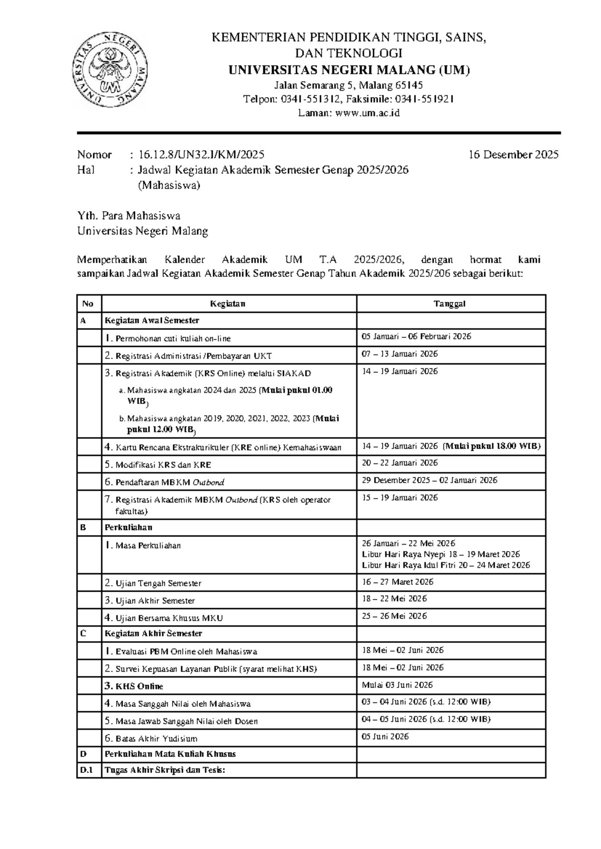 Jadwal Kegiatan Akademik Semester Genap 2025-2026 UM - Studocu