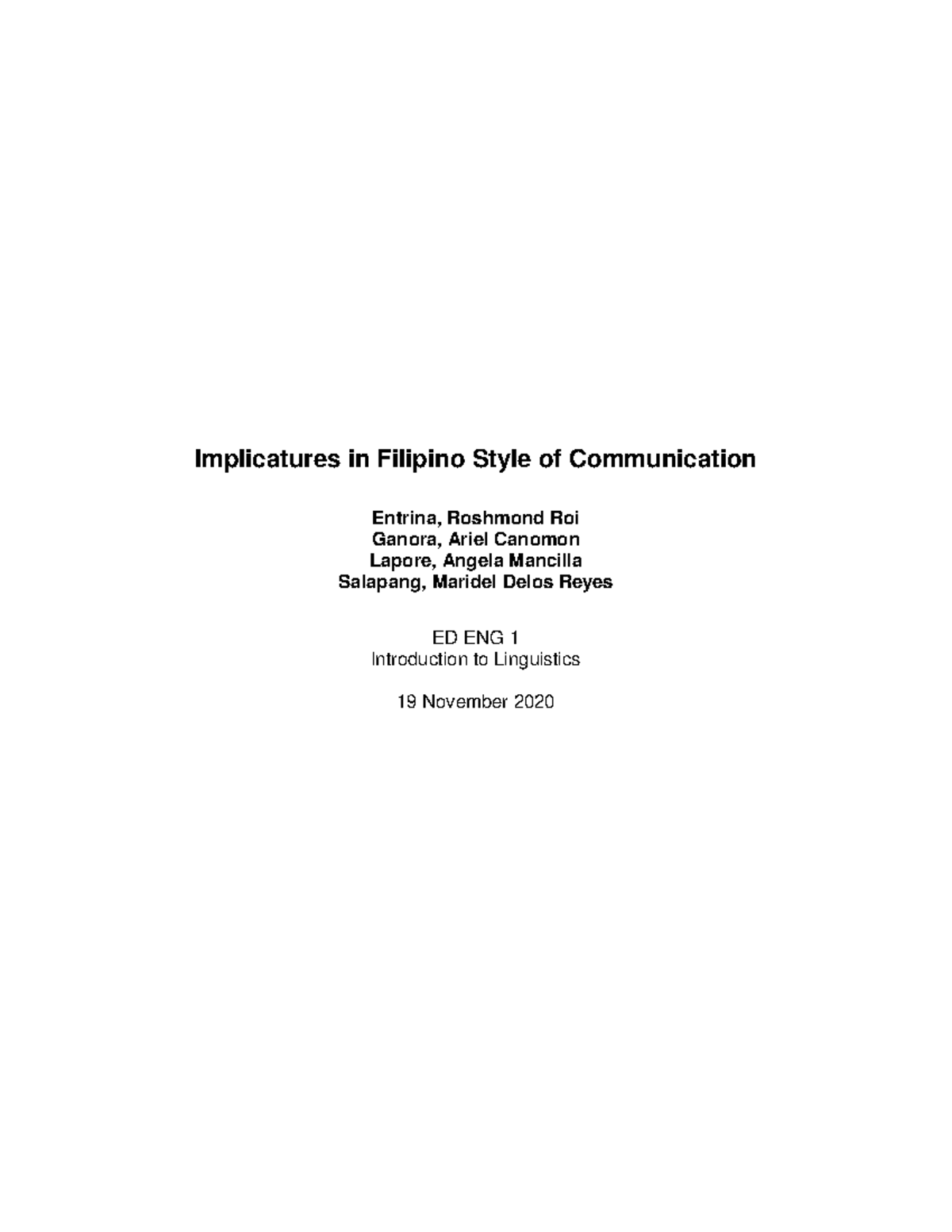 Implicatures in Filipino Communication Style: ED ENG 1 Term Paper - Studocu