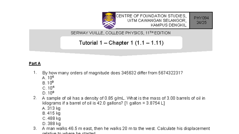 PHY094 Tutorial 1: Chapter 1 Problems & Solutions - Studocu