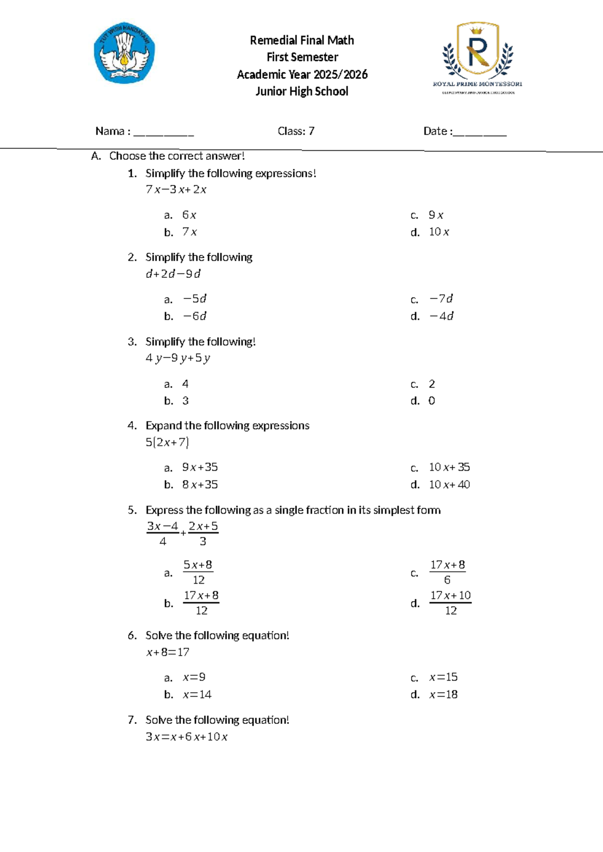 Final Exam Math Grade 7 - Remedial First Semester - Studocu