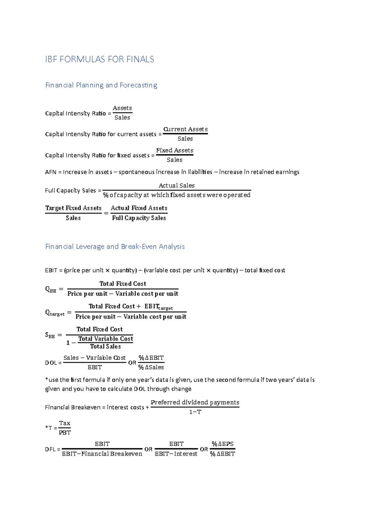 IBF Final Exam Formulas for Financial Planning and Analysis - Studocu