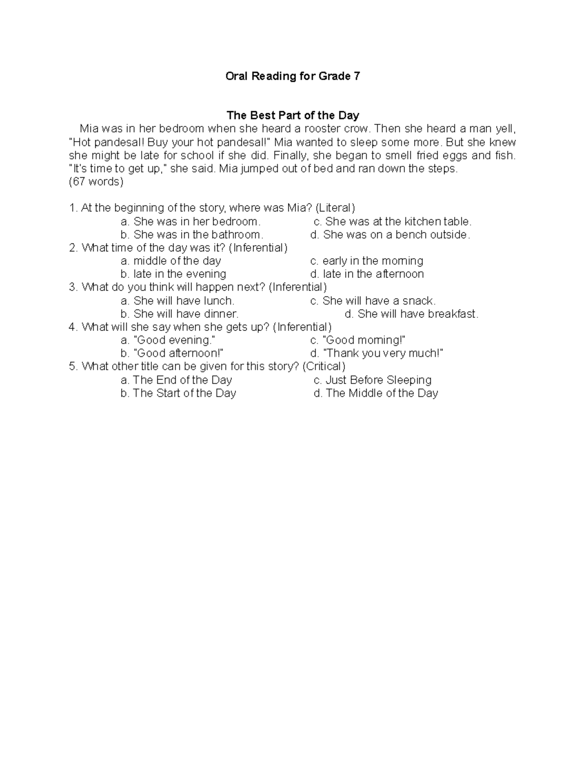Oral Reading Passage 2022 Grade 7-10: Comprehension Insights - Studocu