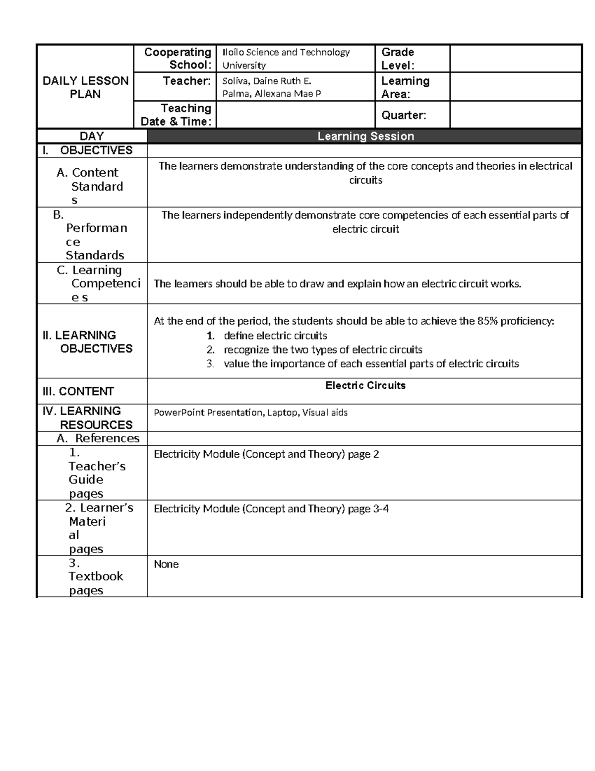 Lesson-plan-2023 - notes - DAILY LESSON PLAN Cooperating School: Iloilo ...
