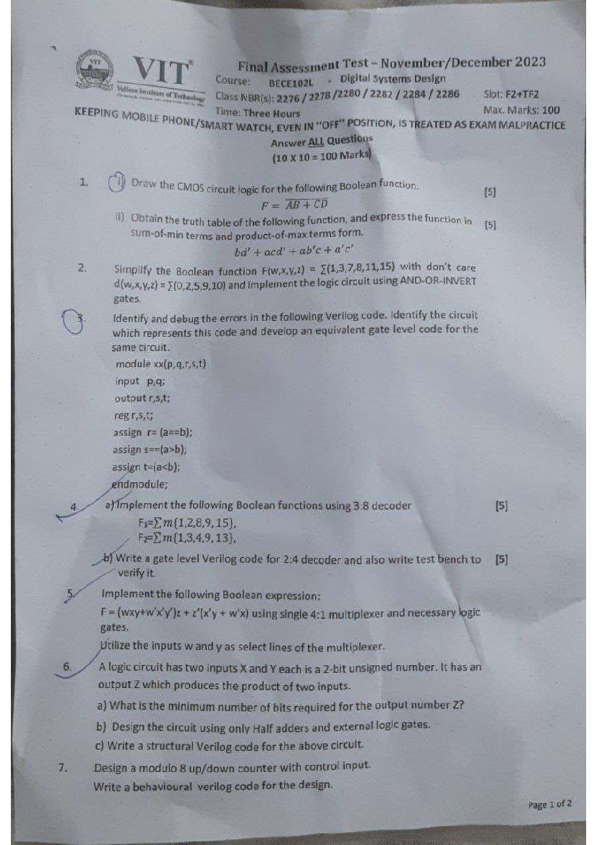 BECE102L Final Assessment Test 2023: Digital Systems Design - Studocu