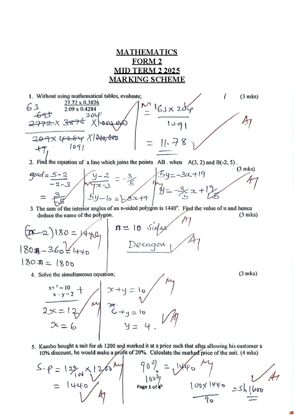MATHEMATICS FORM 2 MID TERM 2 2025 MARKING SCHEME - Studocu