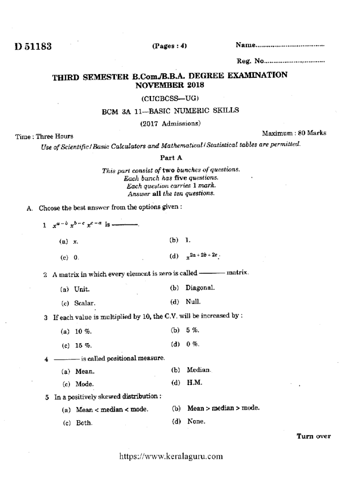 Bcom bba 3 sem basic numeric skills d 51183 nov 2018 - D 51183 (Pages : 4) Name Reg. No THIRD ...