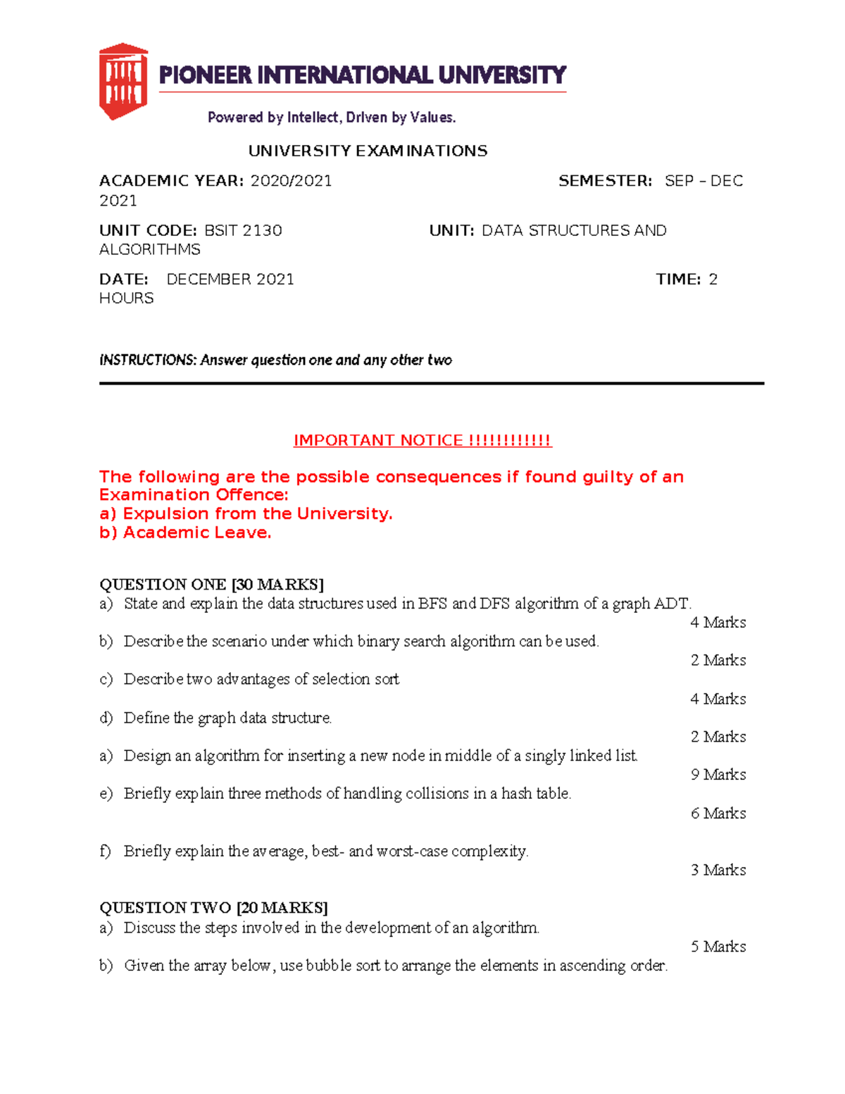 Exam Data Structures And Algorithms University Examinations Academic