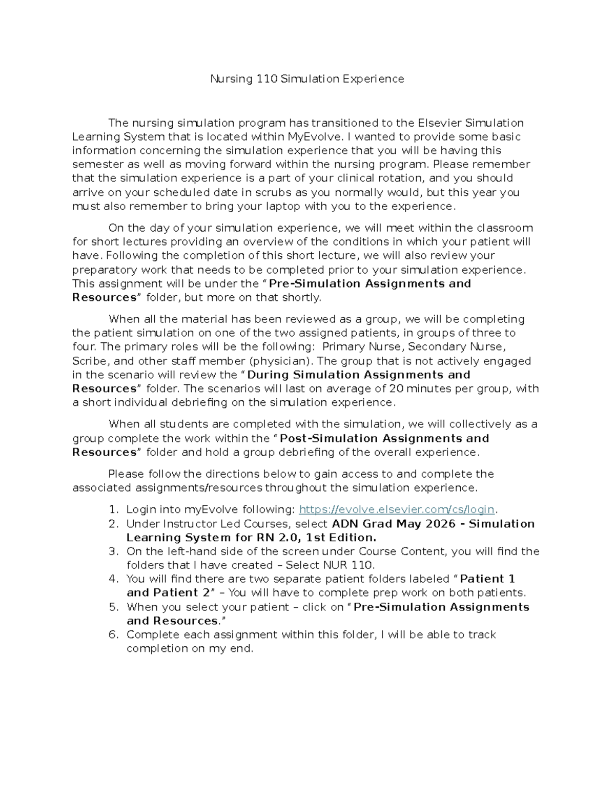 NUR 110 Simulation Experience Overview and Guidelines - Studocu