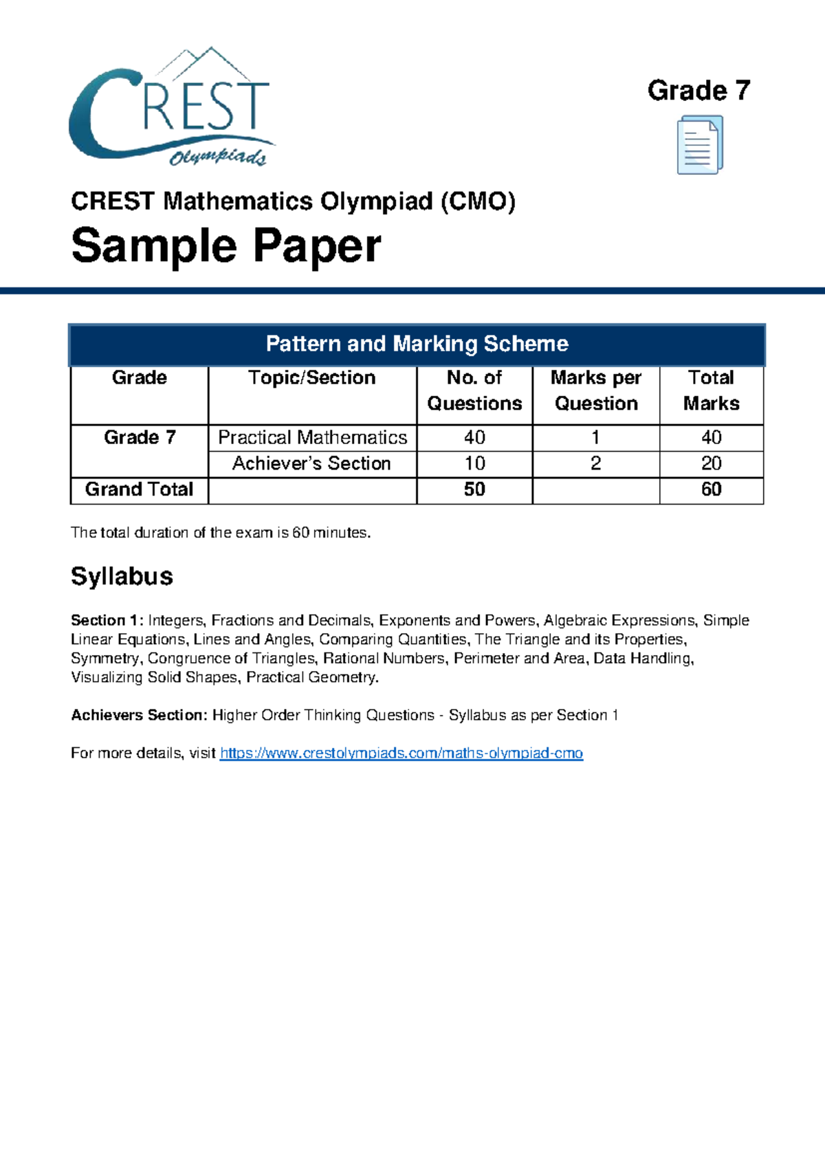 Grade 7 CMO Sample Paper: Pattern & Marking Scheme Overview - Studocu