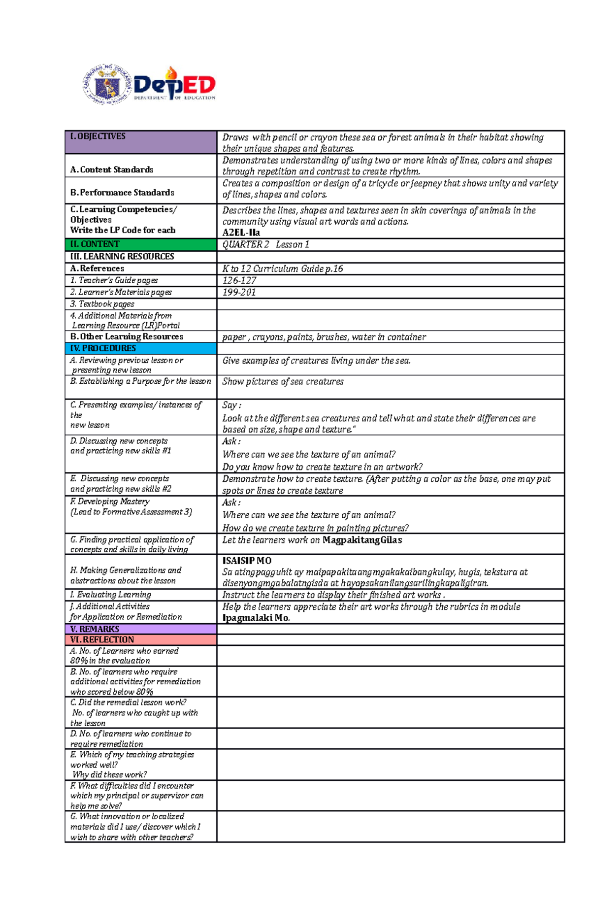 KAYE DLP - I. OBJECTIVES Draws with pencil or crayon these sea or ...