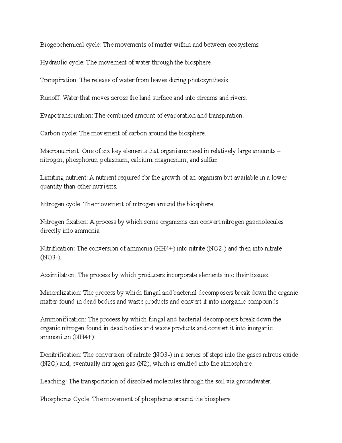APES Mod 7: Biogeochemical Cycles Vocabulary Class Notes - Studocu