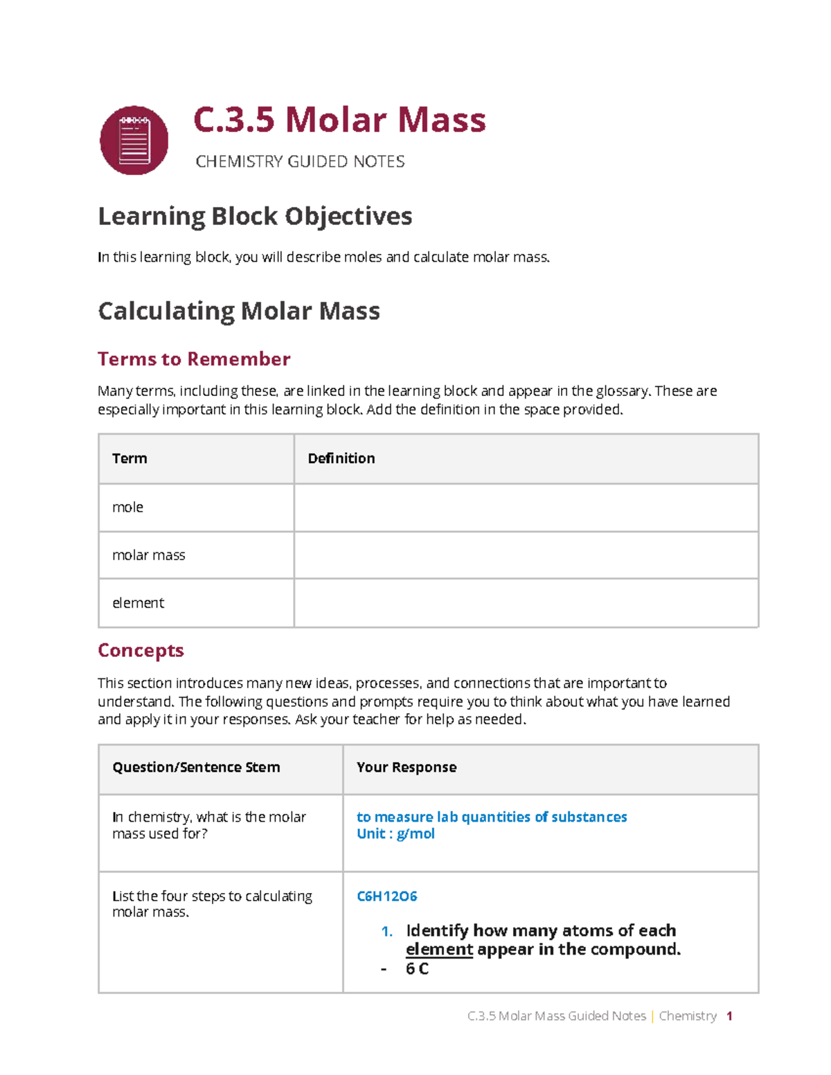 CHEM_C.3.5 Molar Mass Guided Notes for Chemistry I Students - C.3 Molar ...