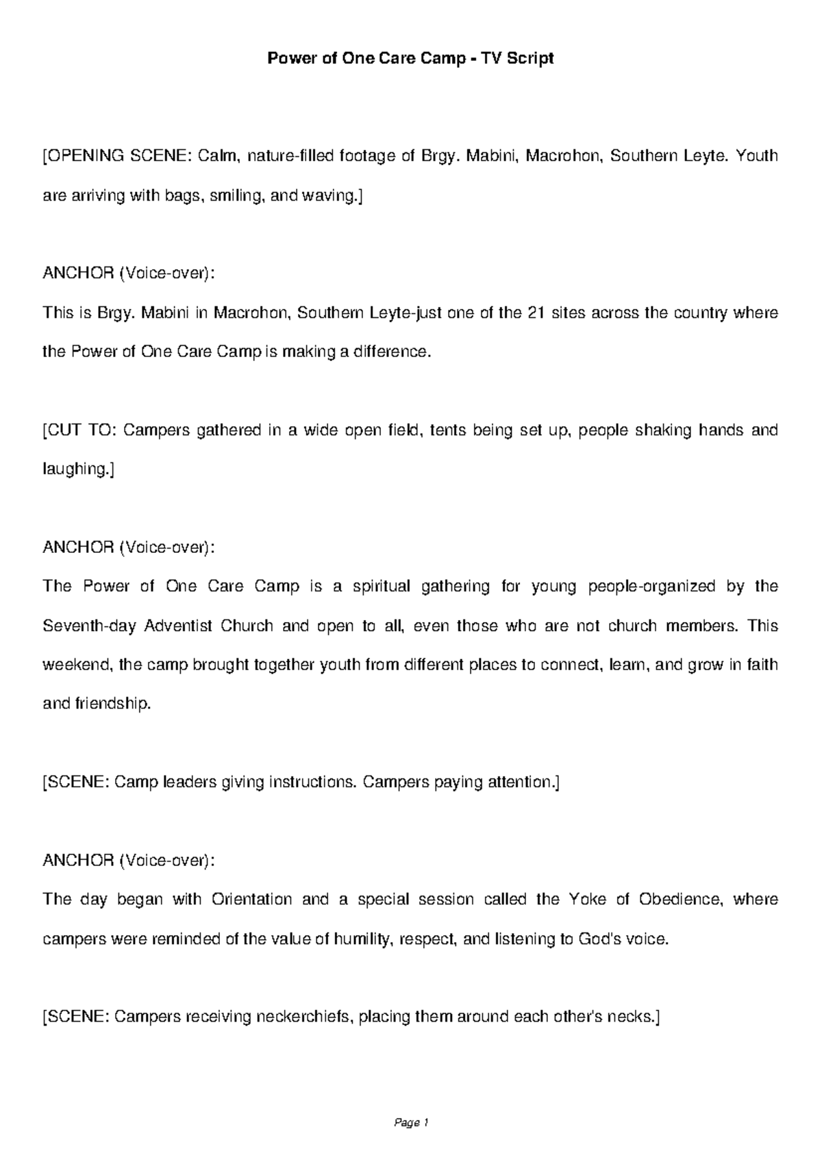 Power of One Care Camp TV Script: A Journey of Faith and Friendship - Studocu