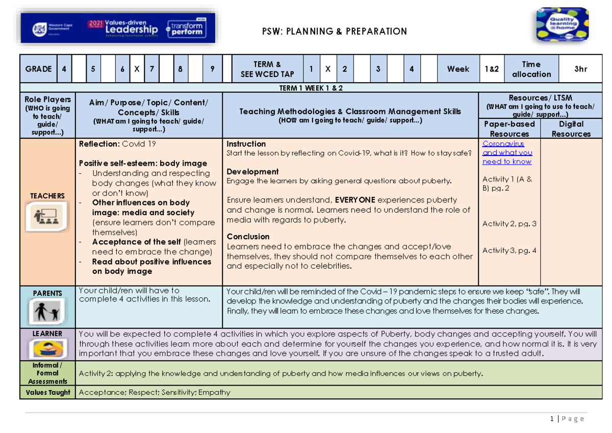 Lesson Plan Gr. 6 Life Skills PSW Term 1 Weeks 1-2: Embracing Change ...