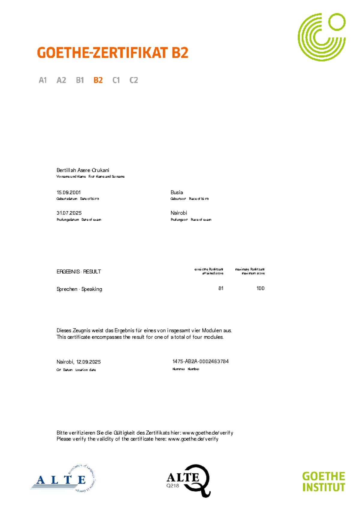 Bertillah Asere Goethe B2 Zertifikat - Exam Result Details - Studocu