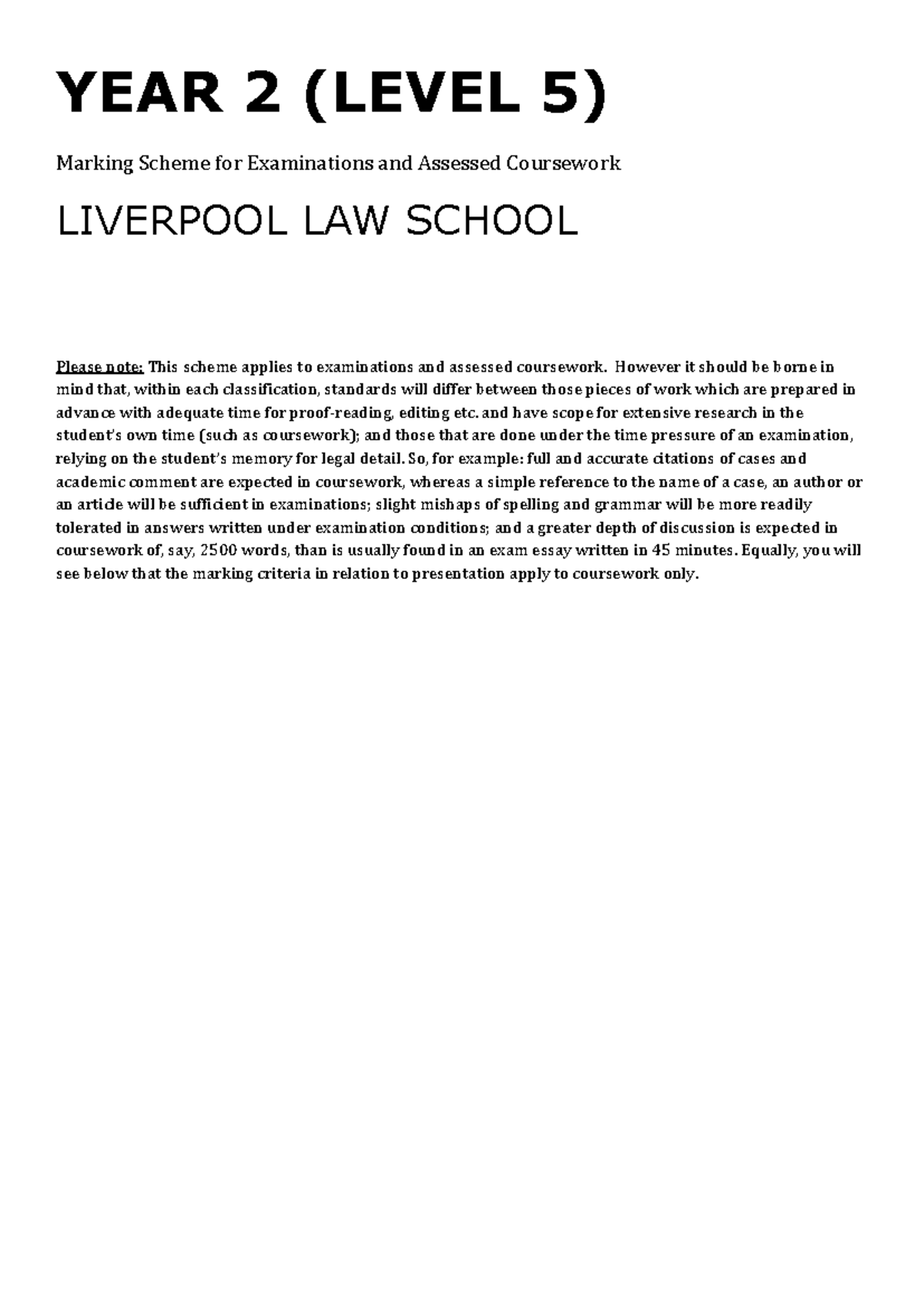 YEAR 2 (LEVEL 5) Marking Criteria for Exams & Assessed Coursework - Studocu