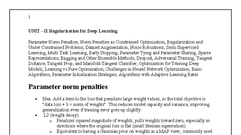 DL UNIT II - Regularization Techniques in Deep Learning - Studocu