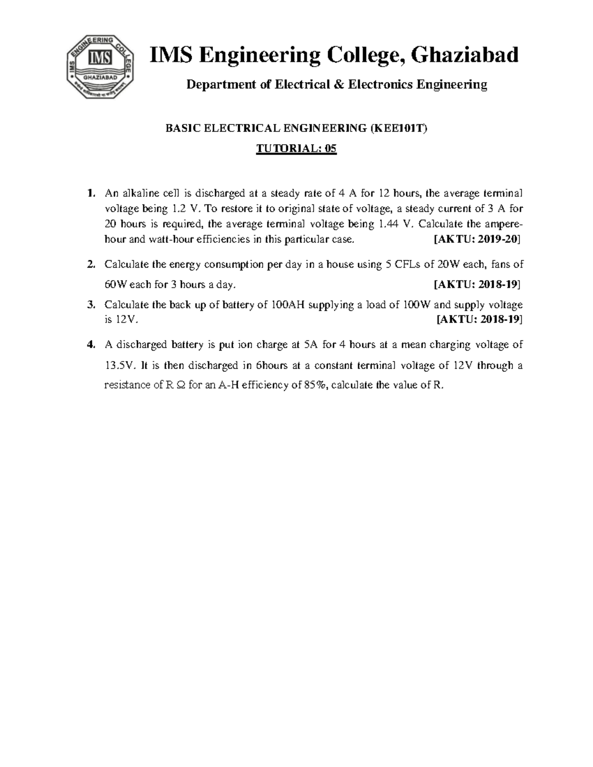 Numericals Q Bank for Basic Electrical Engg (KEE101T) Tutorials - Studocu