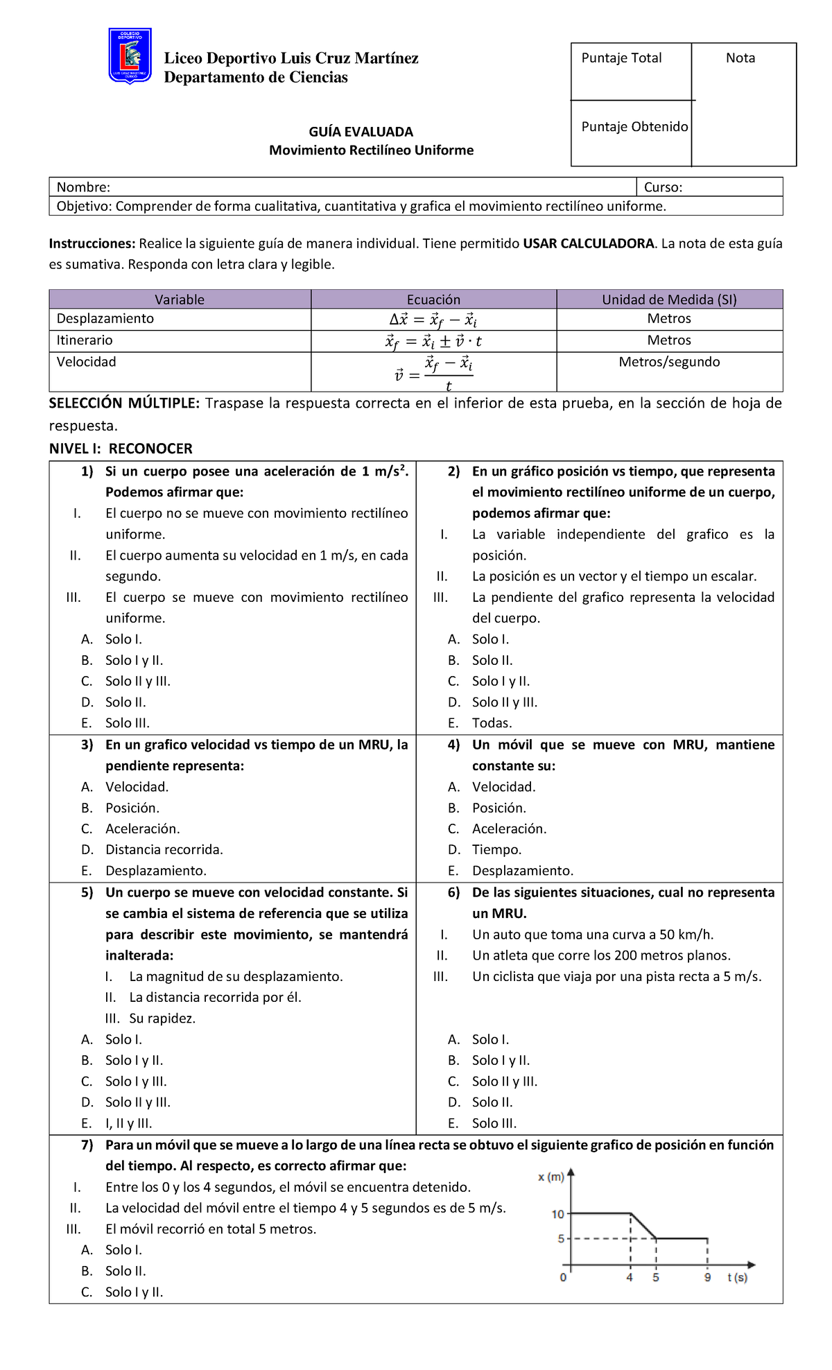 Guía Evaluada MRU - Prueba sobre Movimiento Rectilíneo Uniforme - Studocu