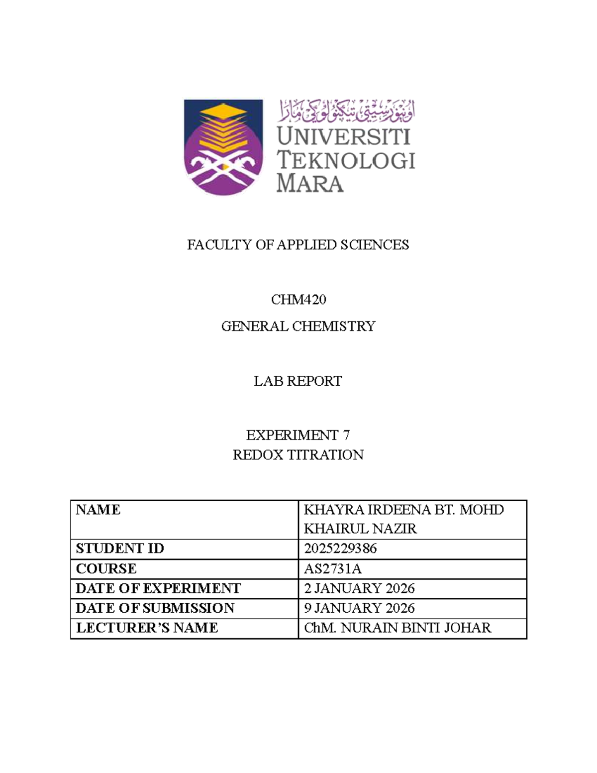 CHM420 General Chemistry Lab Report: Redox Titration Experiment 7 - Studocu