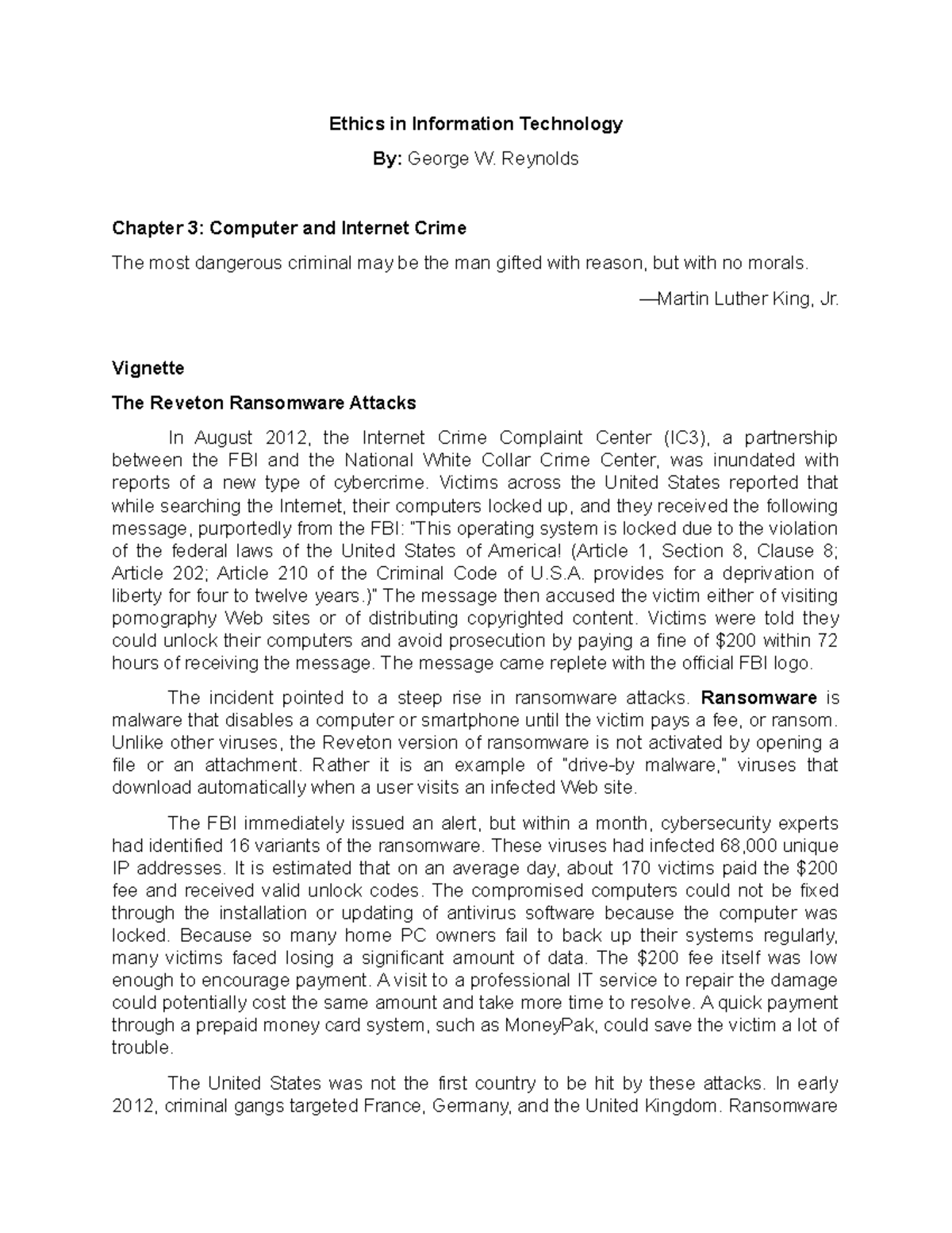 Vignette on Computer and Internet Crime - Ethics in IT (Chapter 3 ...