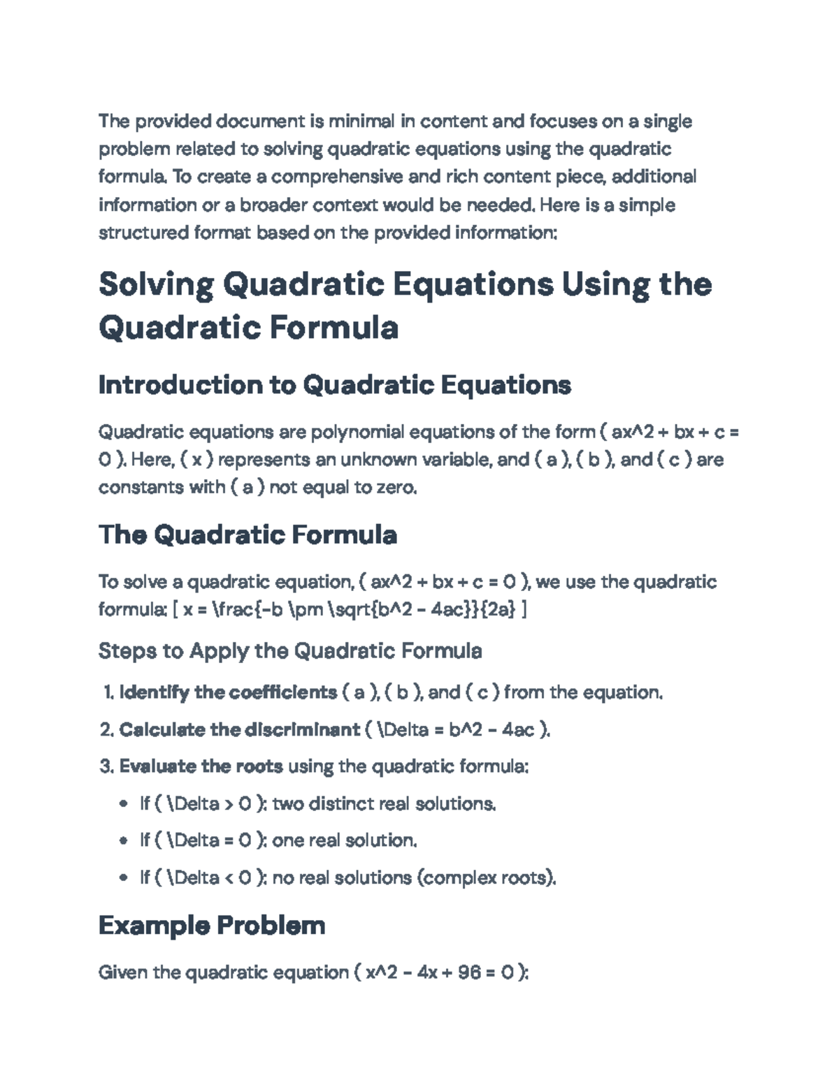 Solving Quadratic Equations Using the Quadratic Formula (MTH101) - The ...