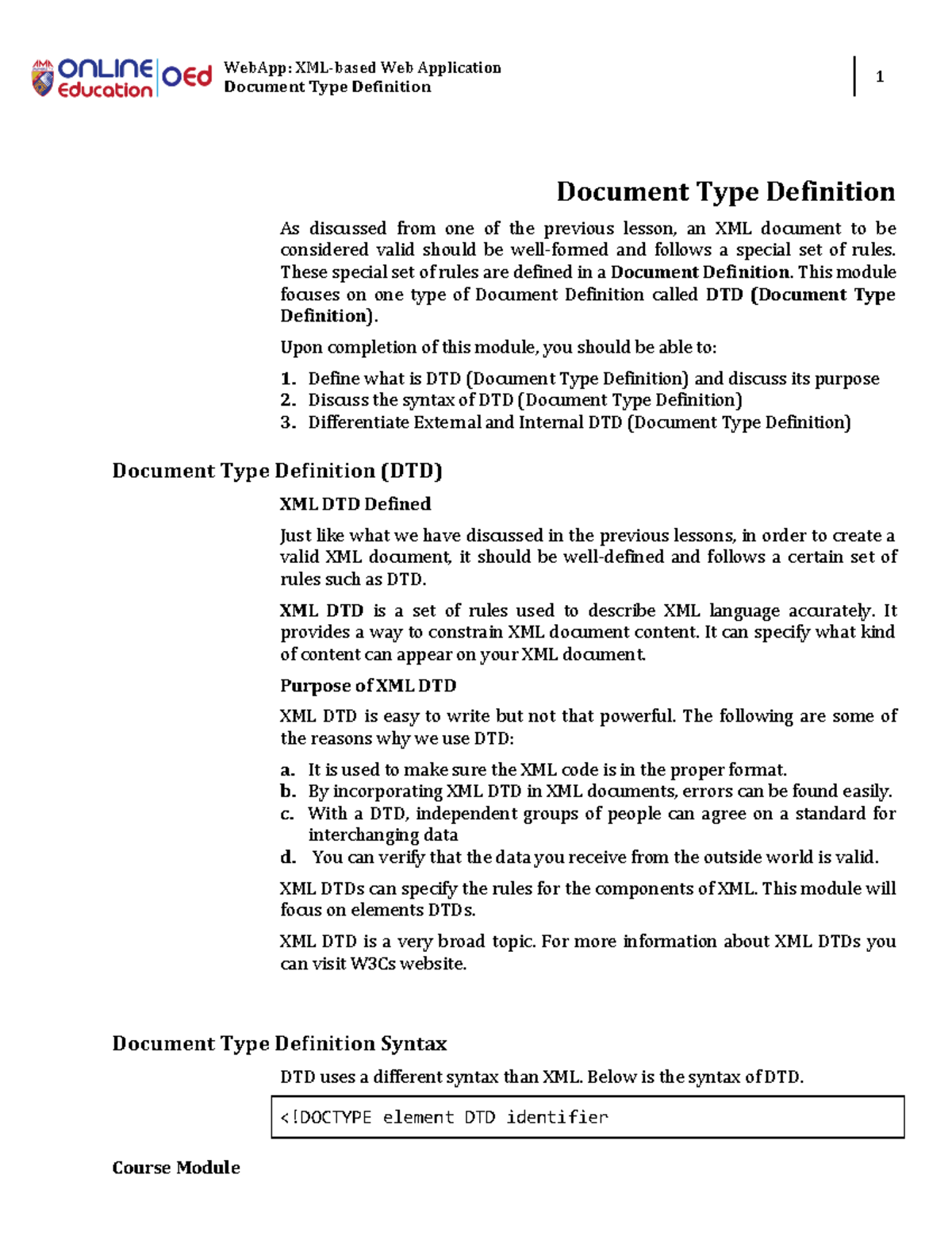 W10 Lesson 8 - Understanding Document Type Definition (DTD) - Studocu