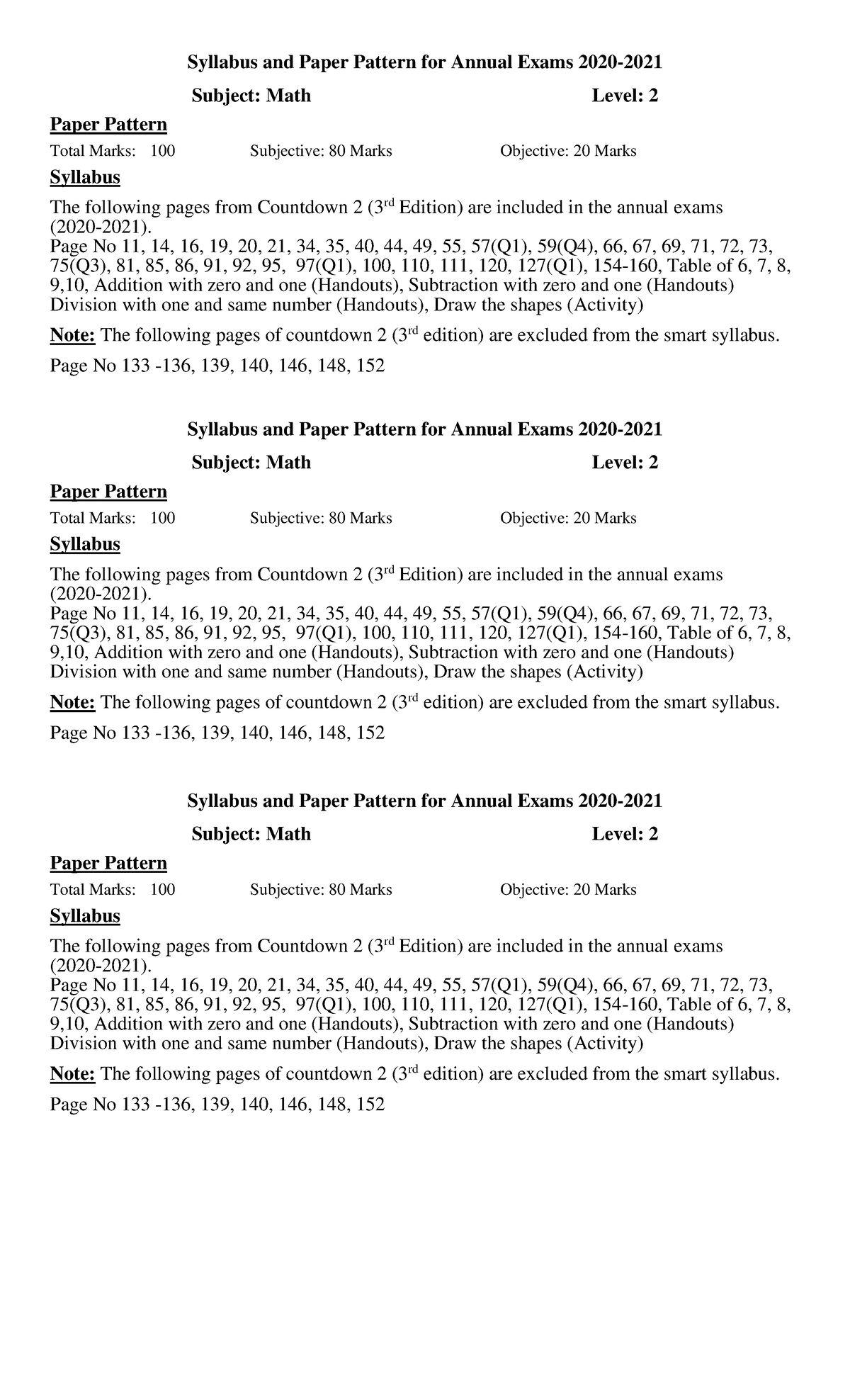 Syllabus and paper pattern for annual exam 2021 - Subject: Math Level ...