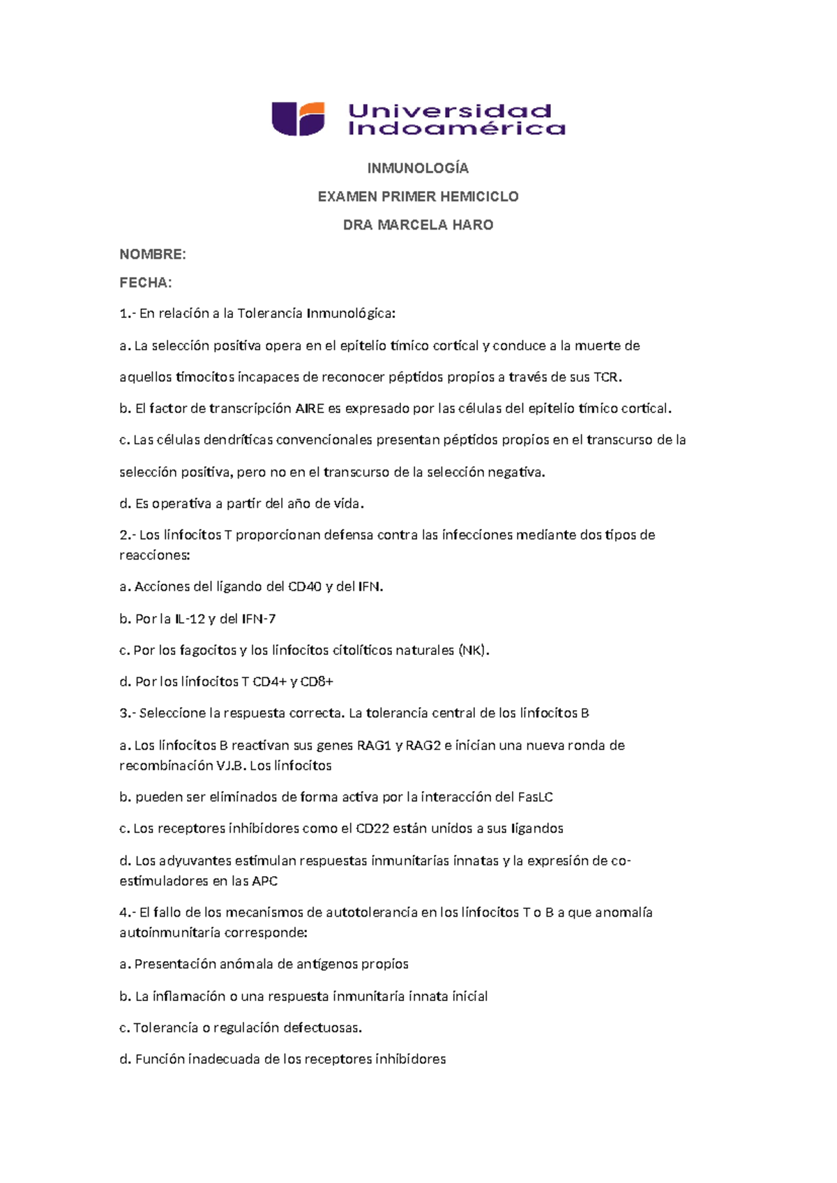 Examen de Inmunología Primer Hemiciclo INM-101 - Studocu