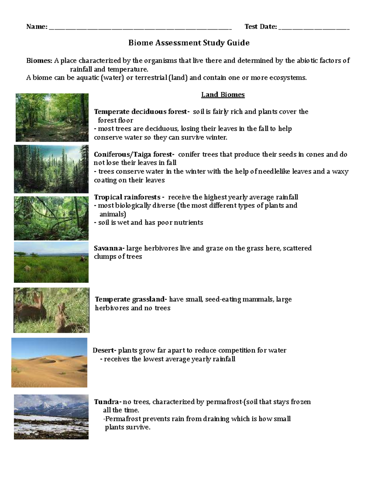 Biome Study Guide for Assessment Preparation - Name: - Studocu