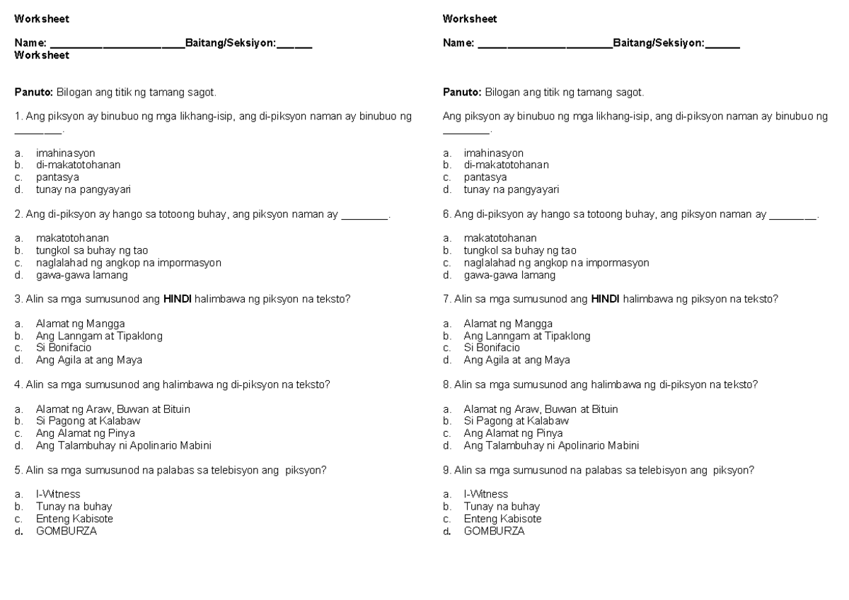 Piksyon at Di-piksyon Worksheet for Baitang/Seksiyon - Studocu