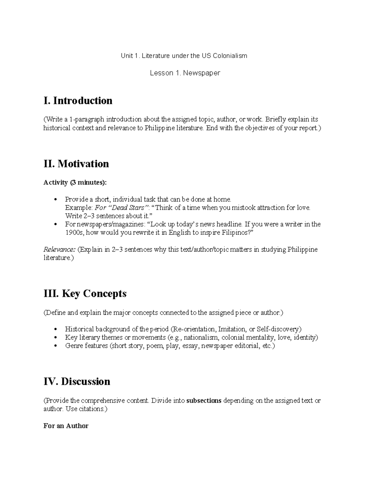 Unit 1: Literature under US Colonialism - Lesson 1 Handout - Studocu