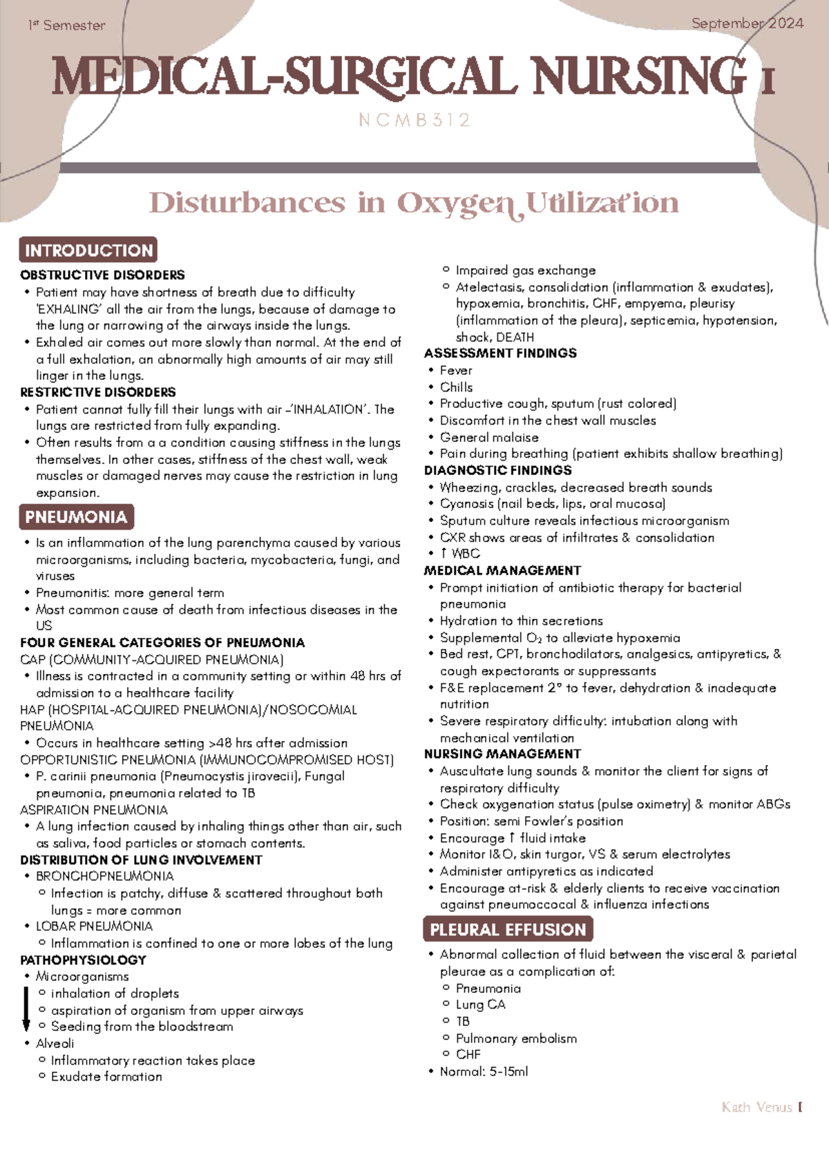 NURSING 1 NCMB312: Disturbances in Oxygen Utilization Overview - Studocu