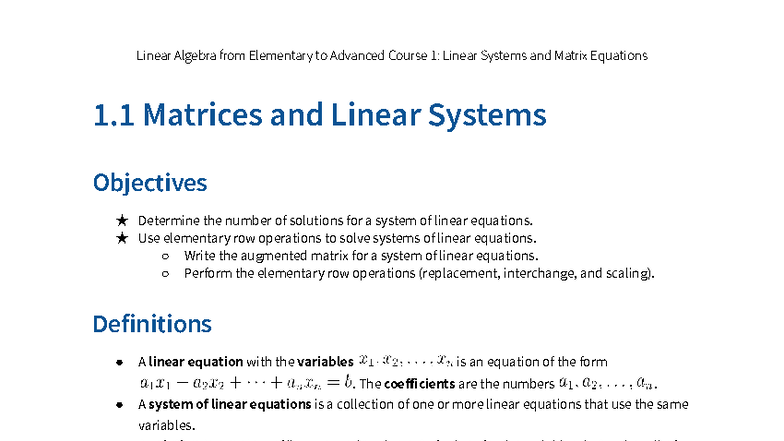 Linear Algebra Course 1: Matrices & Linear Systems Overview - Studocu