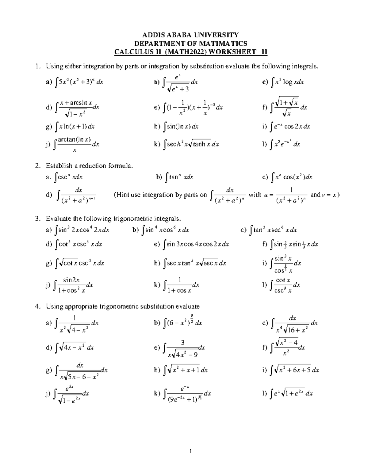 Calculus II (MATH2022) Worksheet II: Integration Techniques and ...