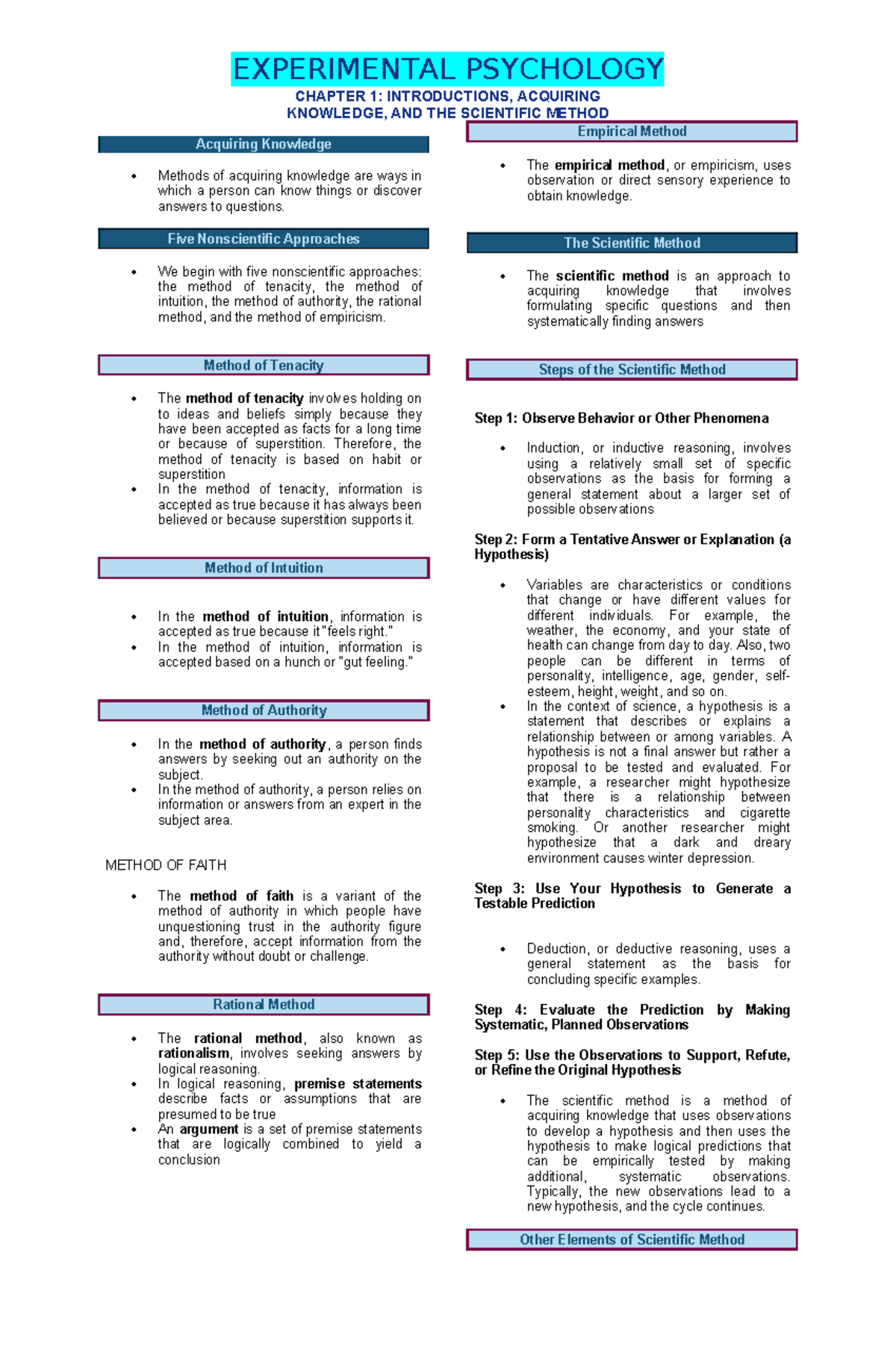 EXPE 101: Experimental Psychology Final Exam - Chapter 1 Overview - Studocu