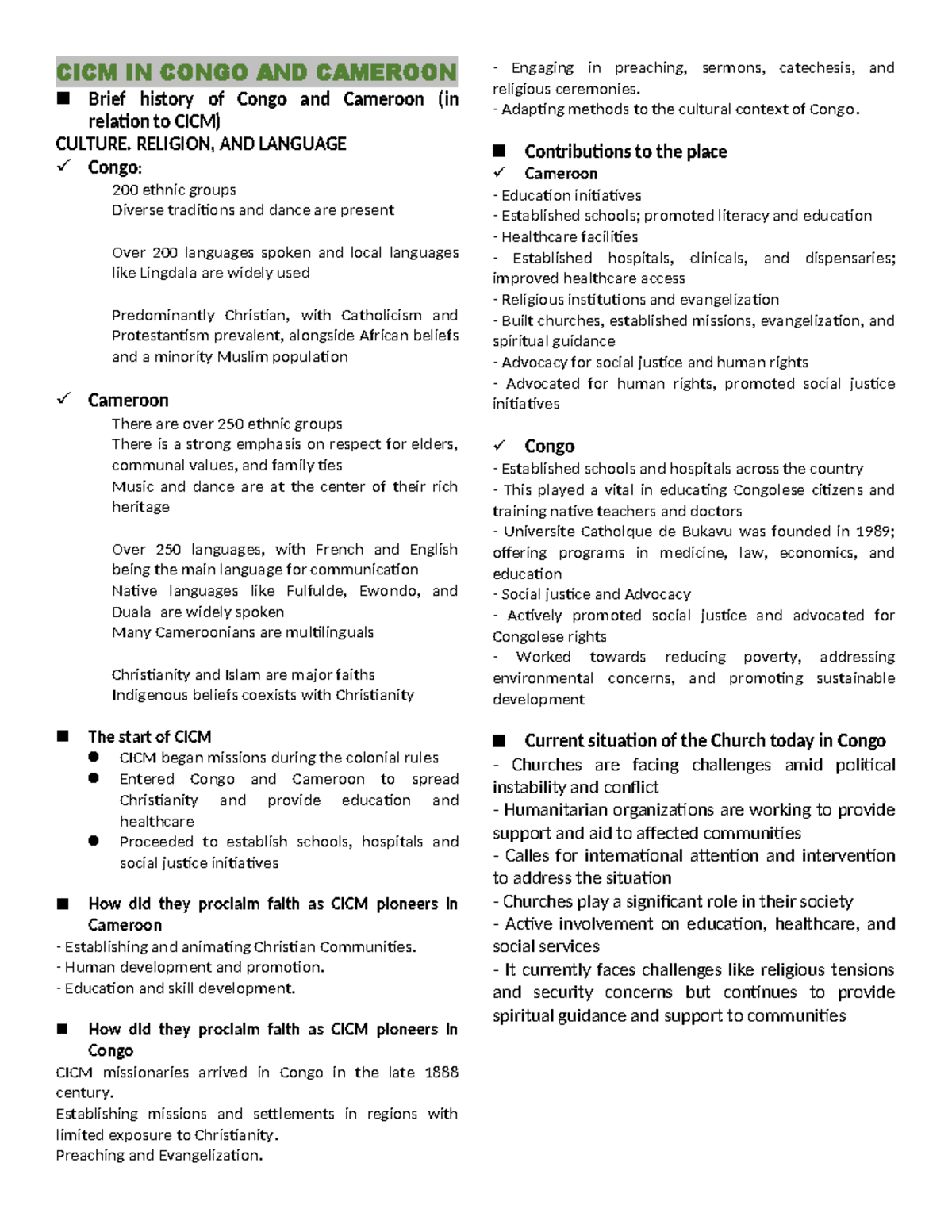 CICM Missions in Congo and Cameroon: History, Culture, and Impact - Studocu