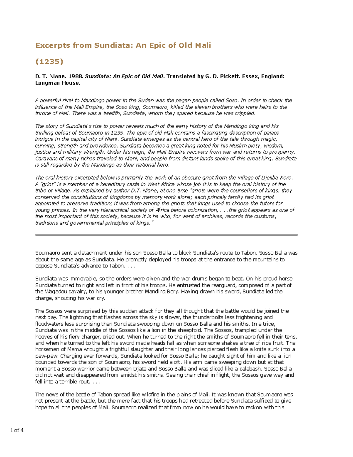 Excerpts from Sundiata: An Epic of Old Mali (1235) - Themes & Analysis ...