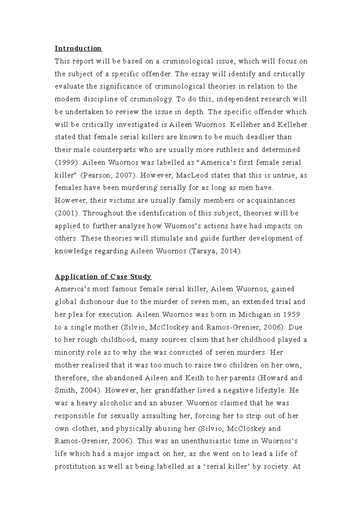 Criminological Analysis of Aileen Wuornos - Case Study Notes (CRIM101 ...