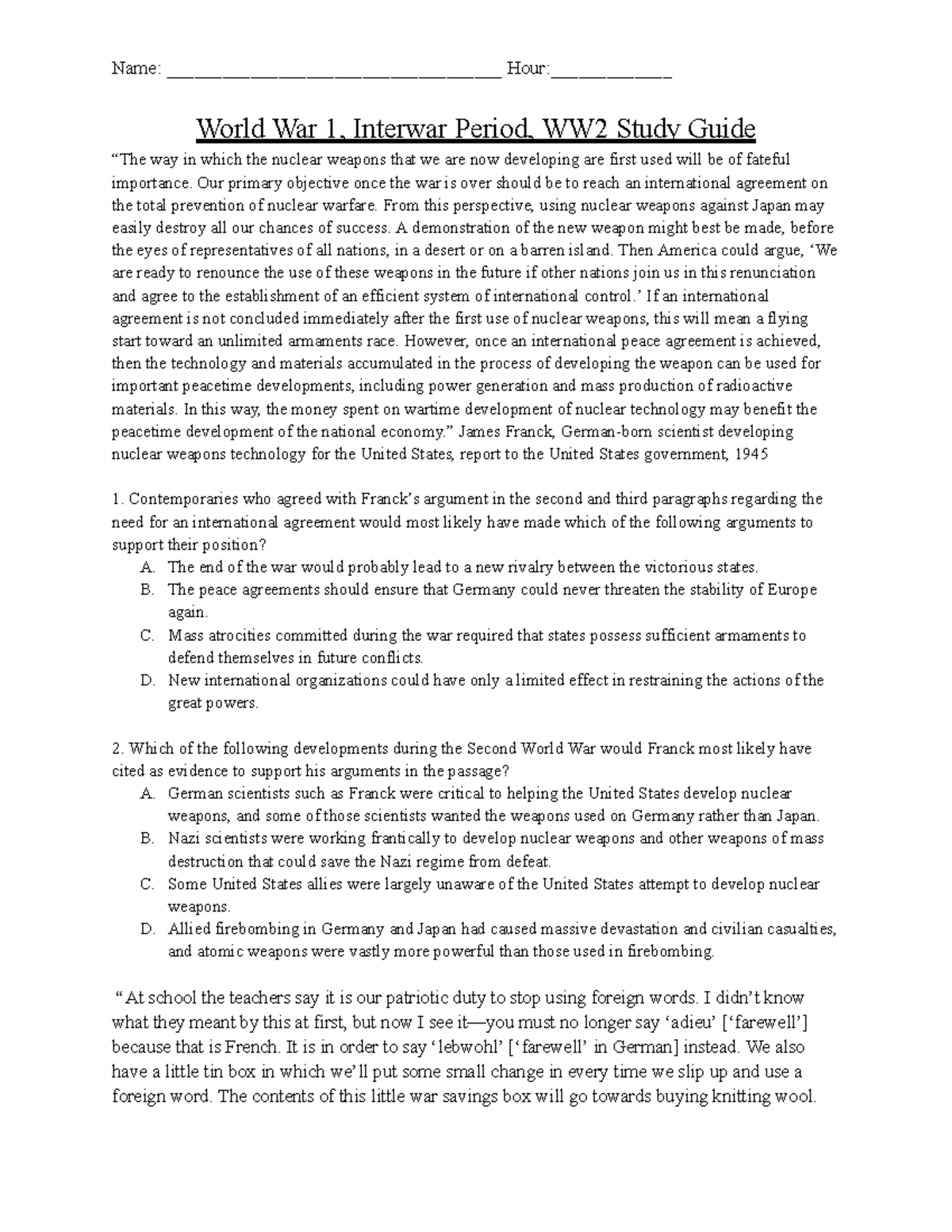 World History Study Guide: WWI, Interwar Period, and WWII Analysis ...
