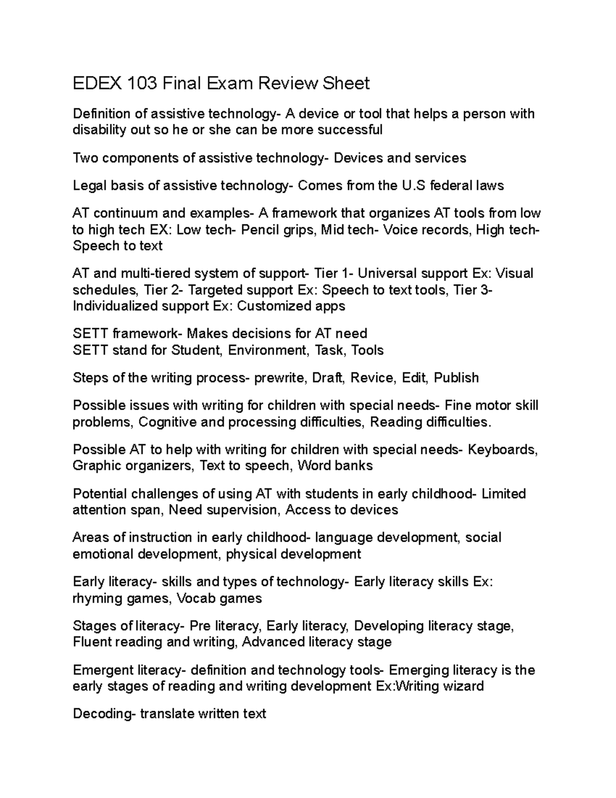 EDEX 103 Final Exam Review Sheet: Understanding Assistive Technology ...
