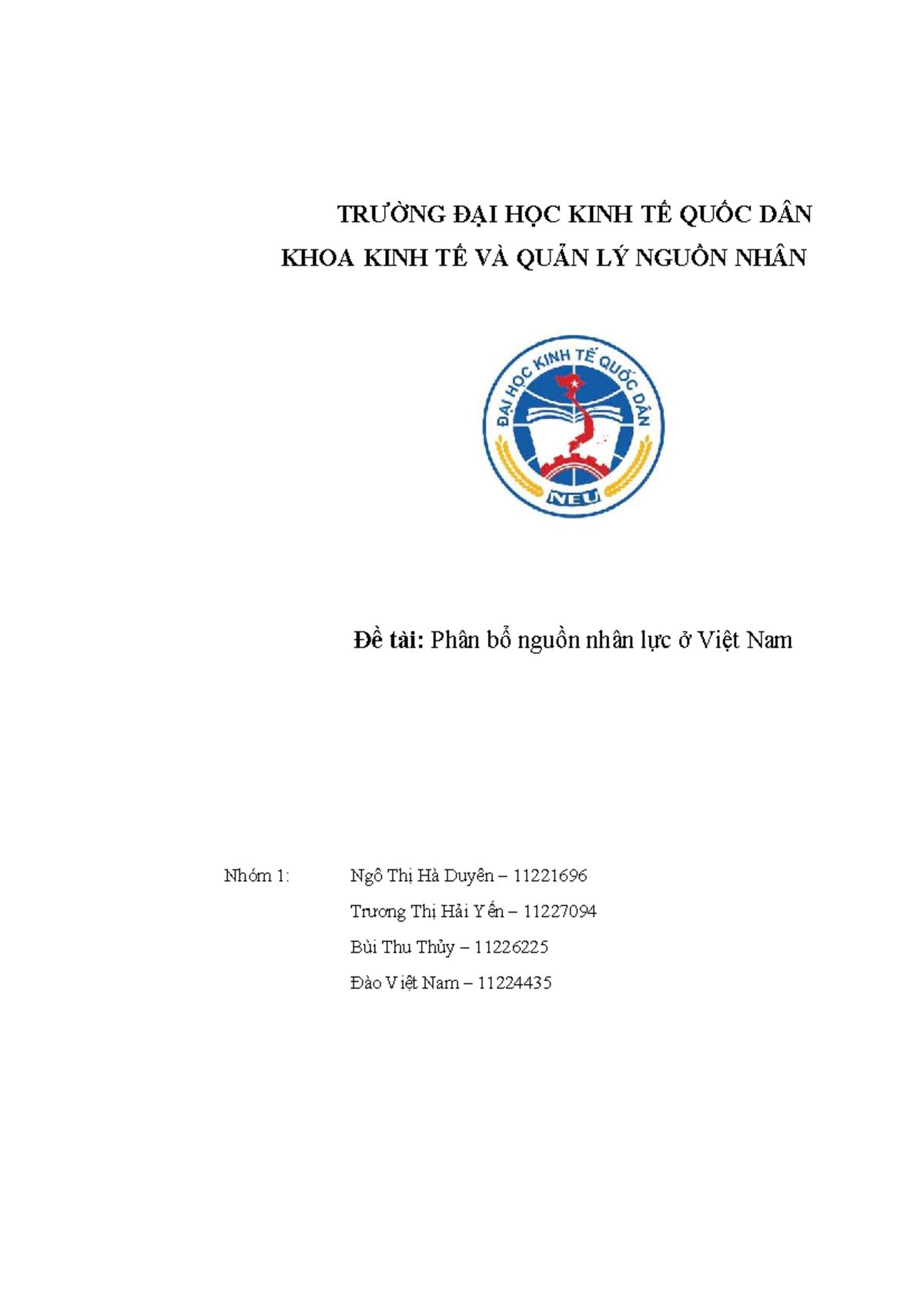 Phân Bổ Nguồn Nhân Lực Ở Việt Nam - Đề Tài Nhóm 1 (Kinh Tế) - Studocu